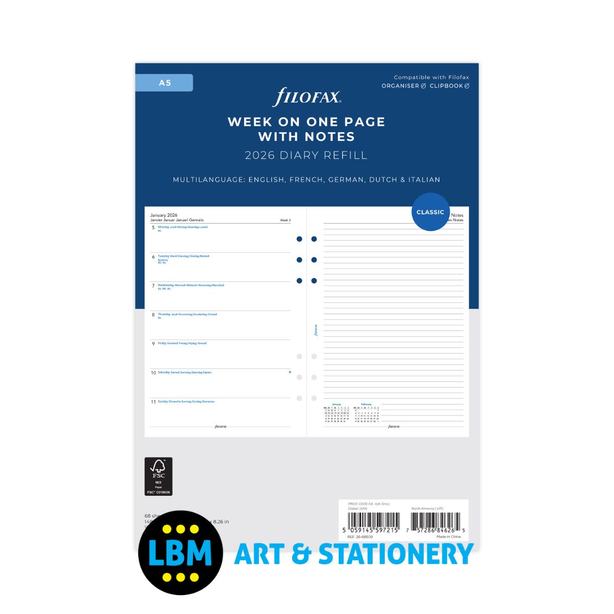 Filofax 2026 A5 Diary Refill: Week on One Page with Lined Notes - LBM UK